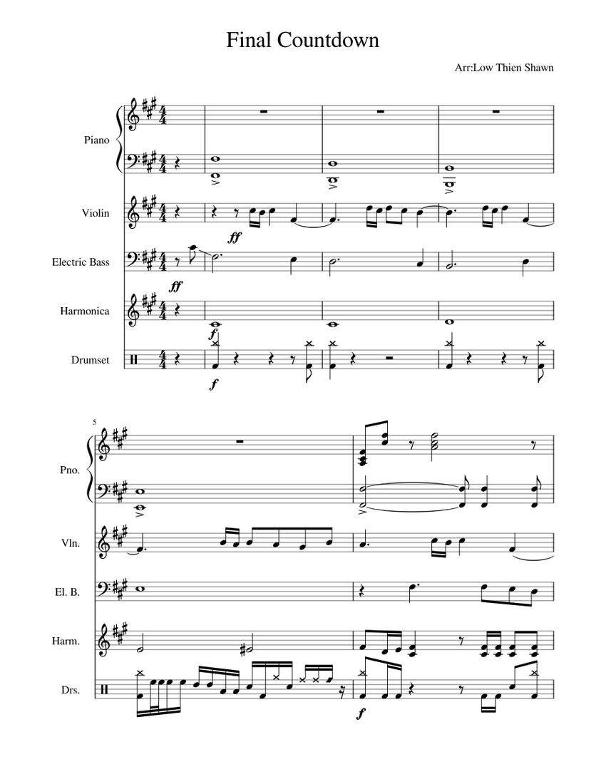 Final Countdown Sheet music for Piano, Violin, Bass guitar, Drum group ...