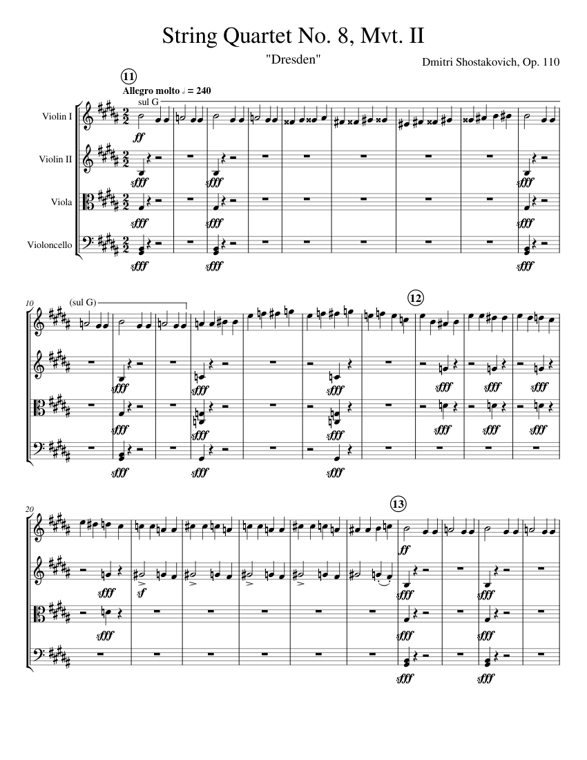 Shostakovich - String Quartet No. 8 "Dresden" (Op. 110), Mvt. II Sheet Music for Violin, Viola ...