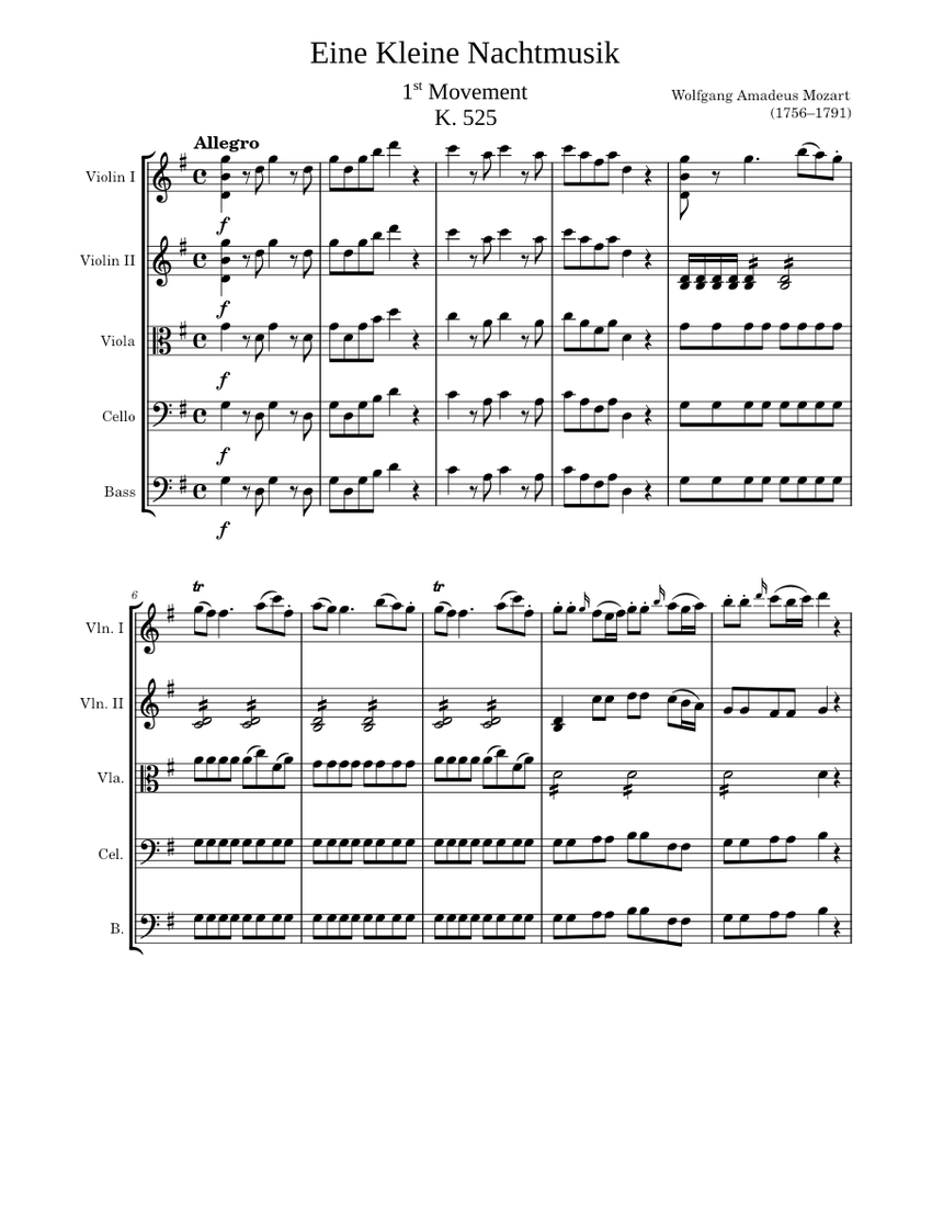 Eine Kleine Nachtmusik 1st Movement Sheet music for Contrabass, Violin, Viola, Cello (String ...