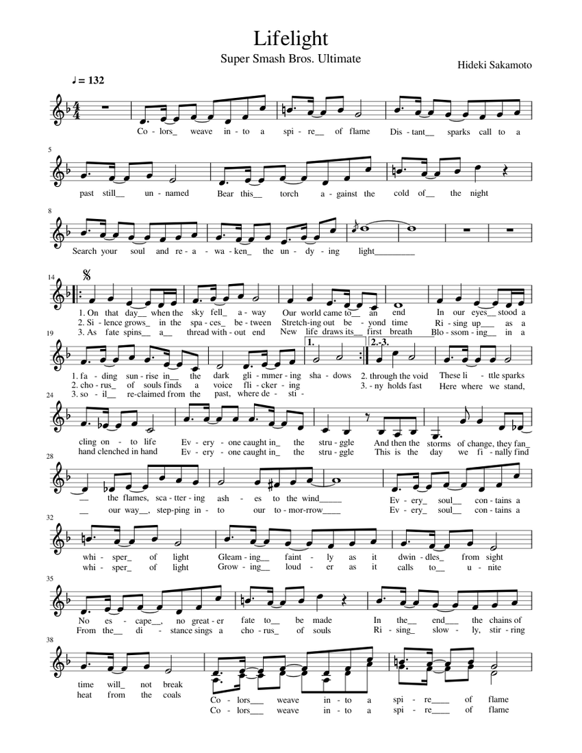 Super Smash Bros. Ultimate - Lifelight (Voice) Sheet Music for Piano ...