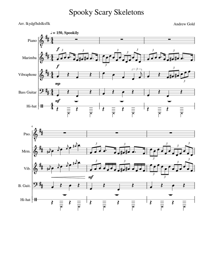 Spooky Scary Skeletons Sheet music for Piano, Vibraphone, Bass guitar ...