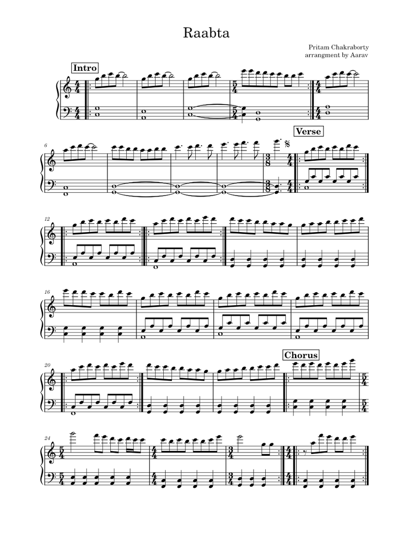 Raabta - Agent Vinod – Pritam Chakraborty Raabta Sheet music for Piano ...
