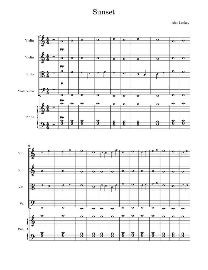 Sunset Sheet music for Piano, Violin, Viola, Cello (String Ensemble ...