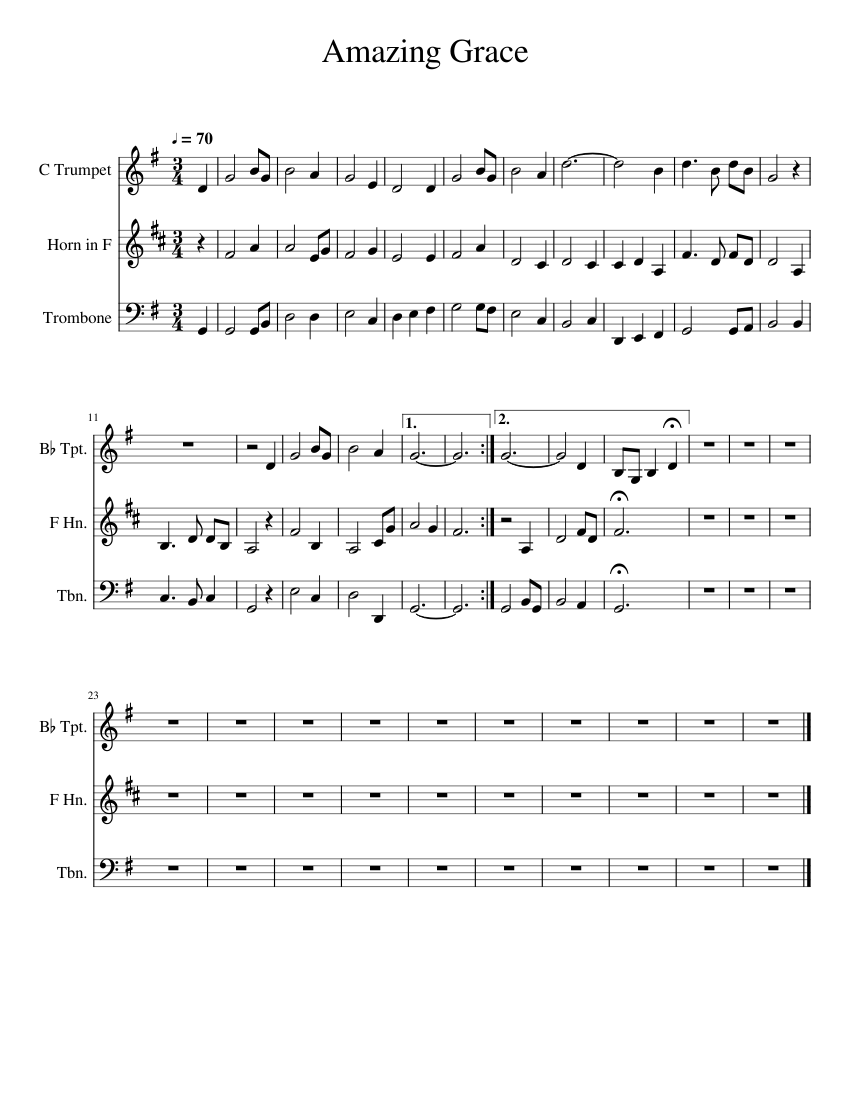 Amazing Grace Sheet Music for Trombone, Trumpet in b-flat, French horn ...