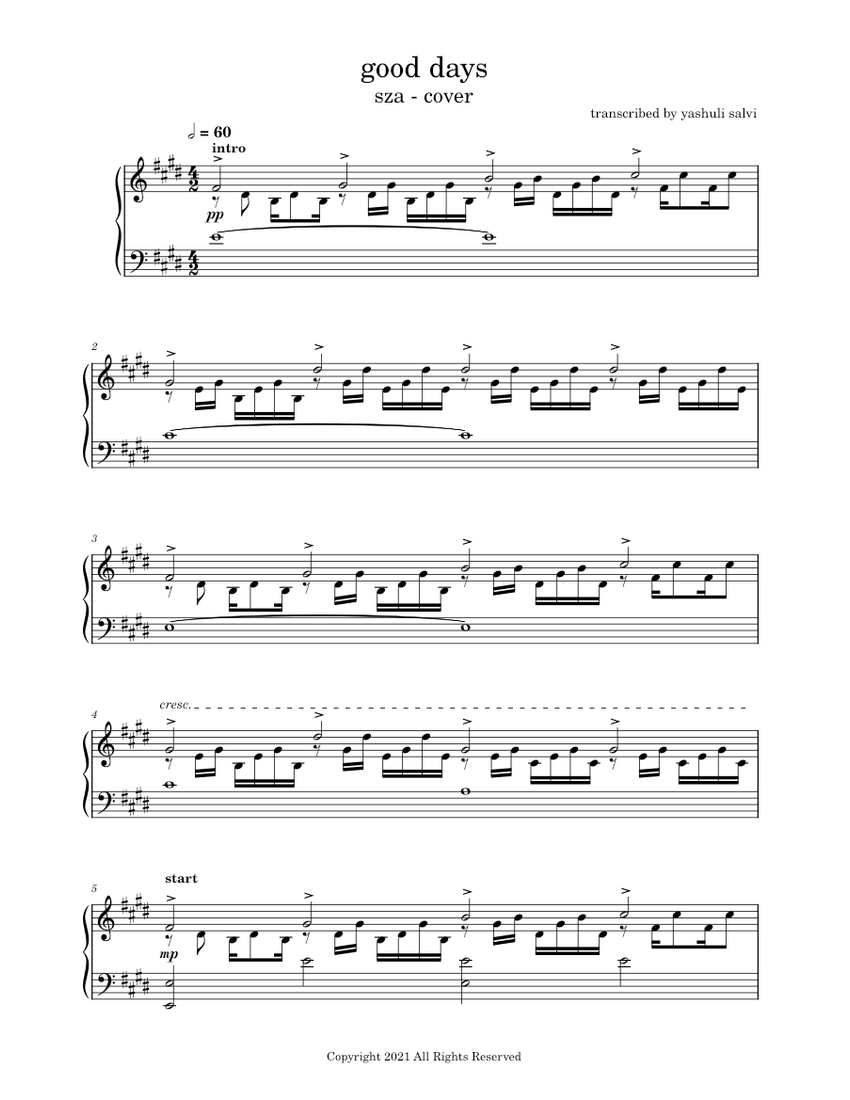 Good Days – SZA Sheet Music for Piano (Solo) | MuseScore.com