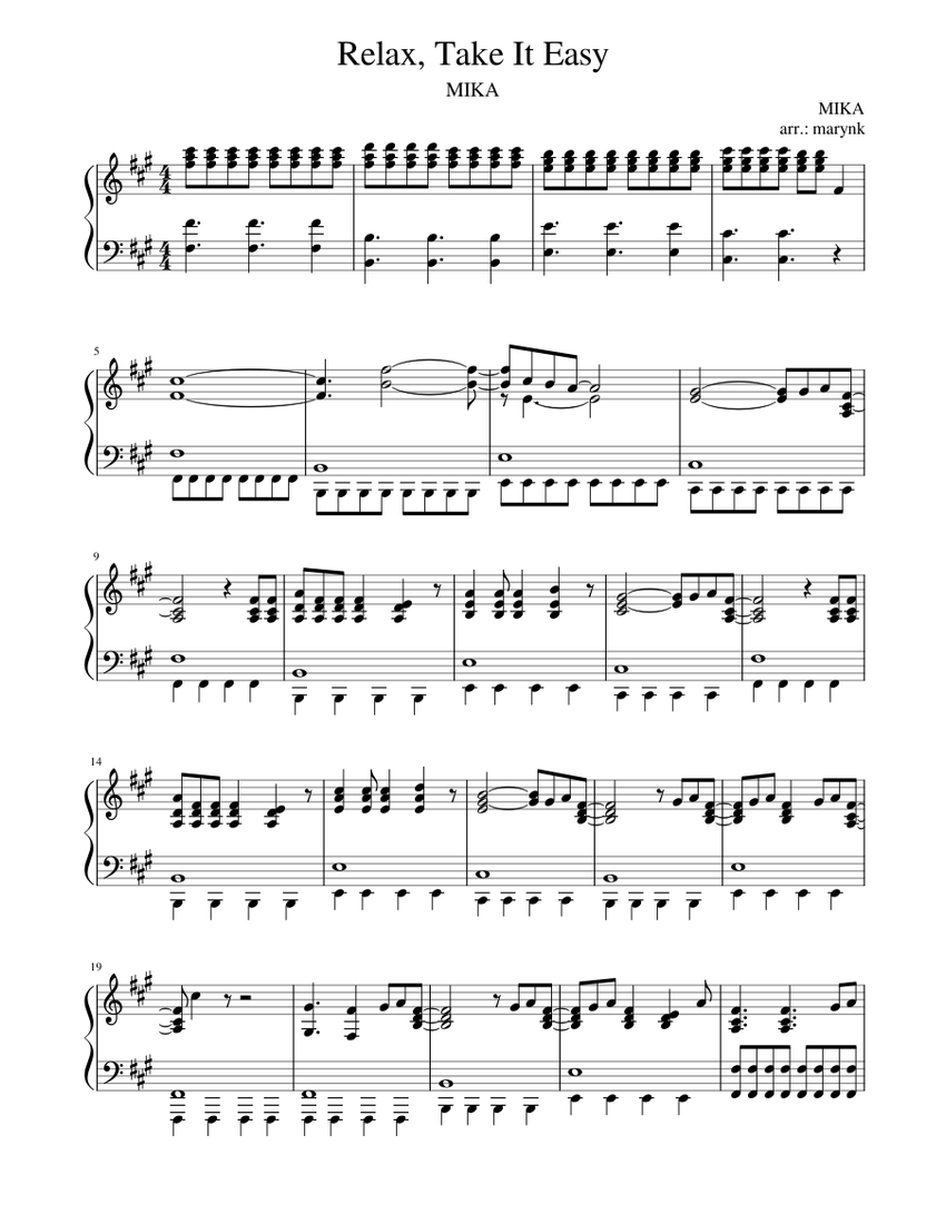 Relax, Take It Easy – Mika Sheet Music for Piano (Solo) | MuseScore.com