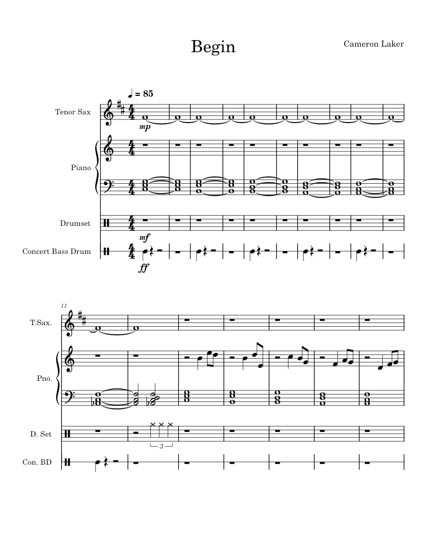 Begin Sheet music for Piano, Saxophone tenor, Drum group, Bass drum ...