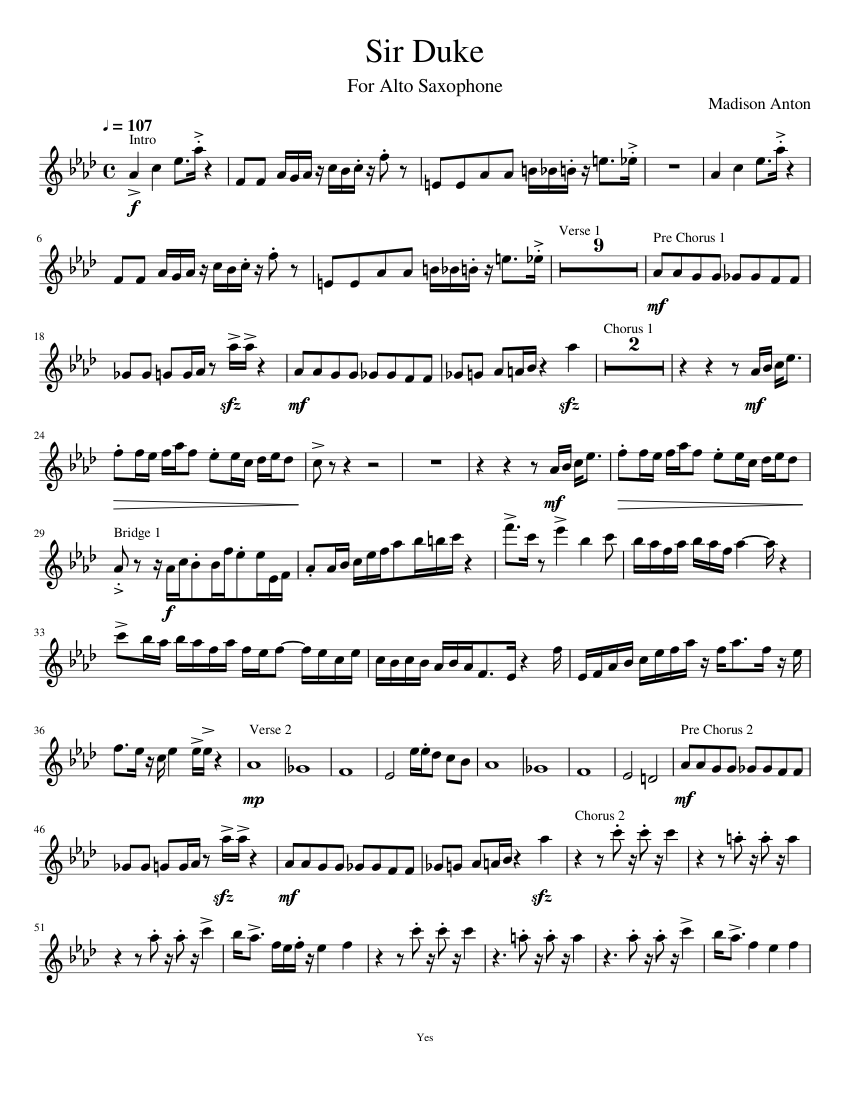 Sir Duke by Stevie Wonder for Alto Sax Sheet Music for Saxophone alto ...