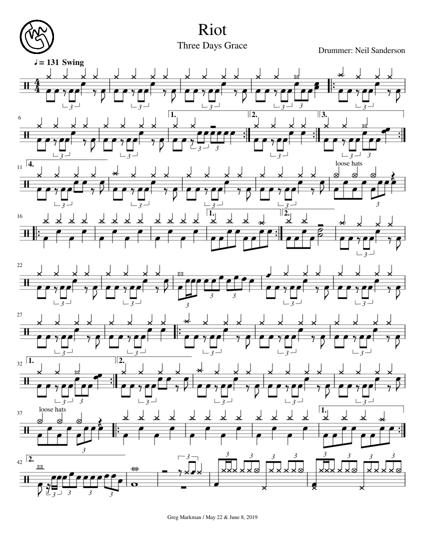 Three Days Grace - Riot Sheet Music for Drum group (Solo) | MuseScore.com