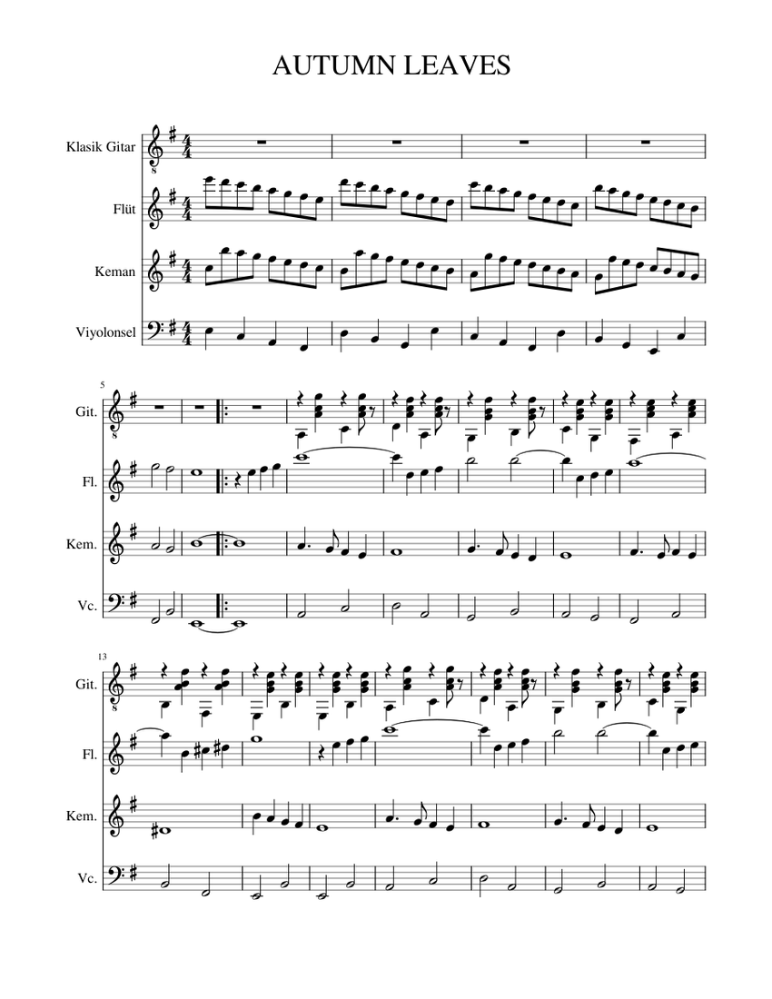 Autumn leaves Sheet music for Flute, Violin, Cello, Guitar (String ...