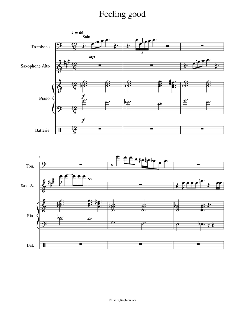 Feeling_good Sheet music for Piano, Trombone, Saxophone alto, Drum ...