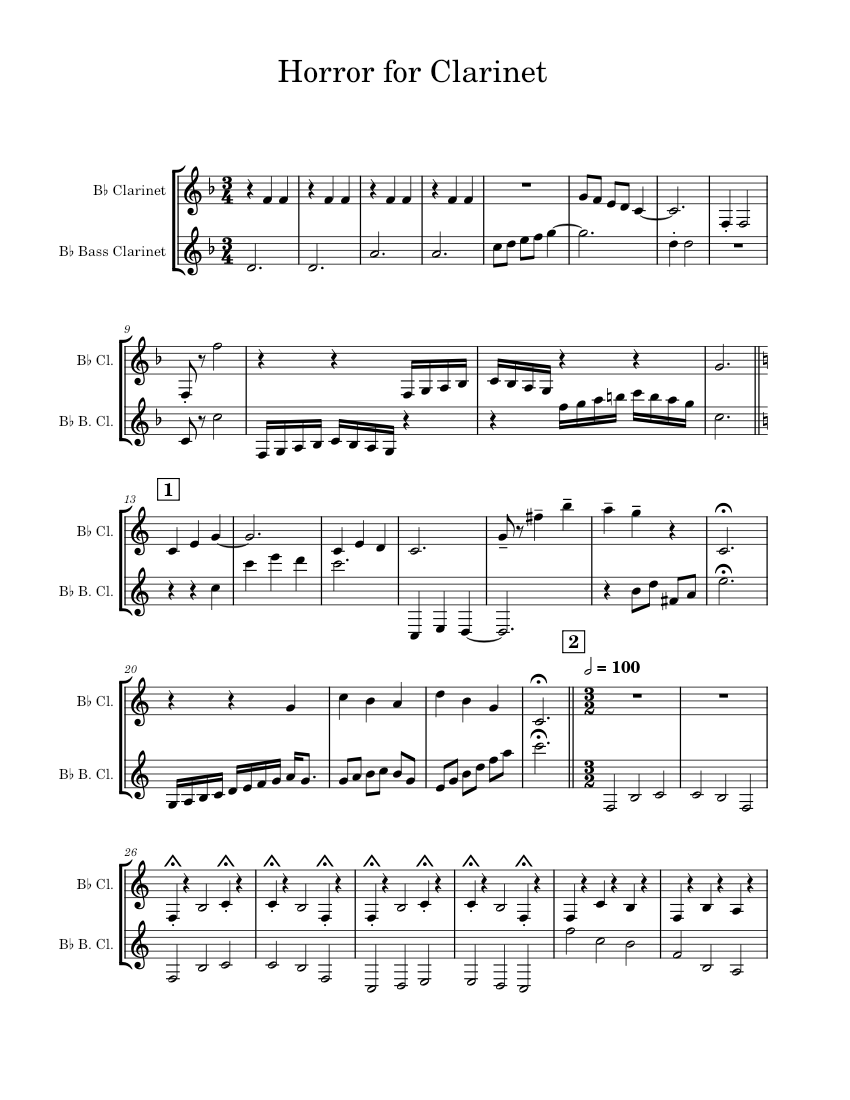 Horror for Clarinet Sheet music for Clarinet in b-flat, Clarinet bass ...