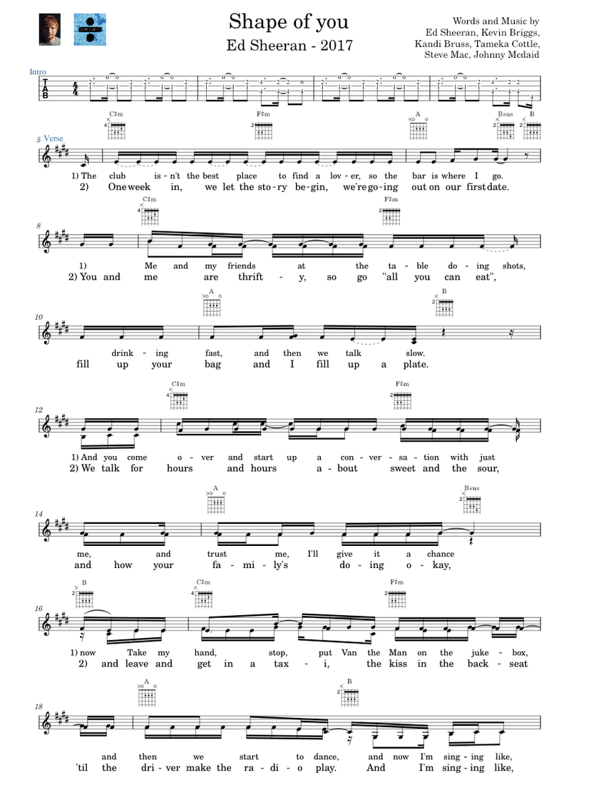 Shape of you – Ed Sheeran Sheet Music and Tab with Chords for Vocals ...