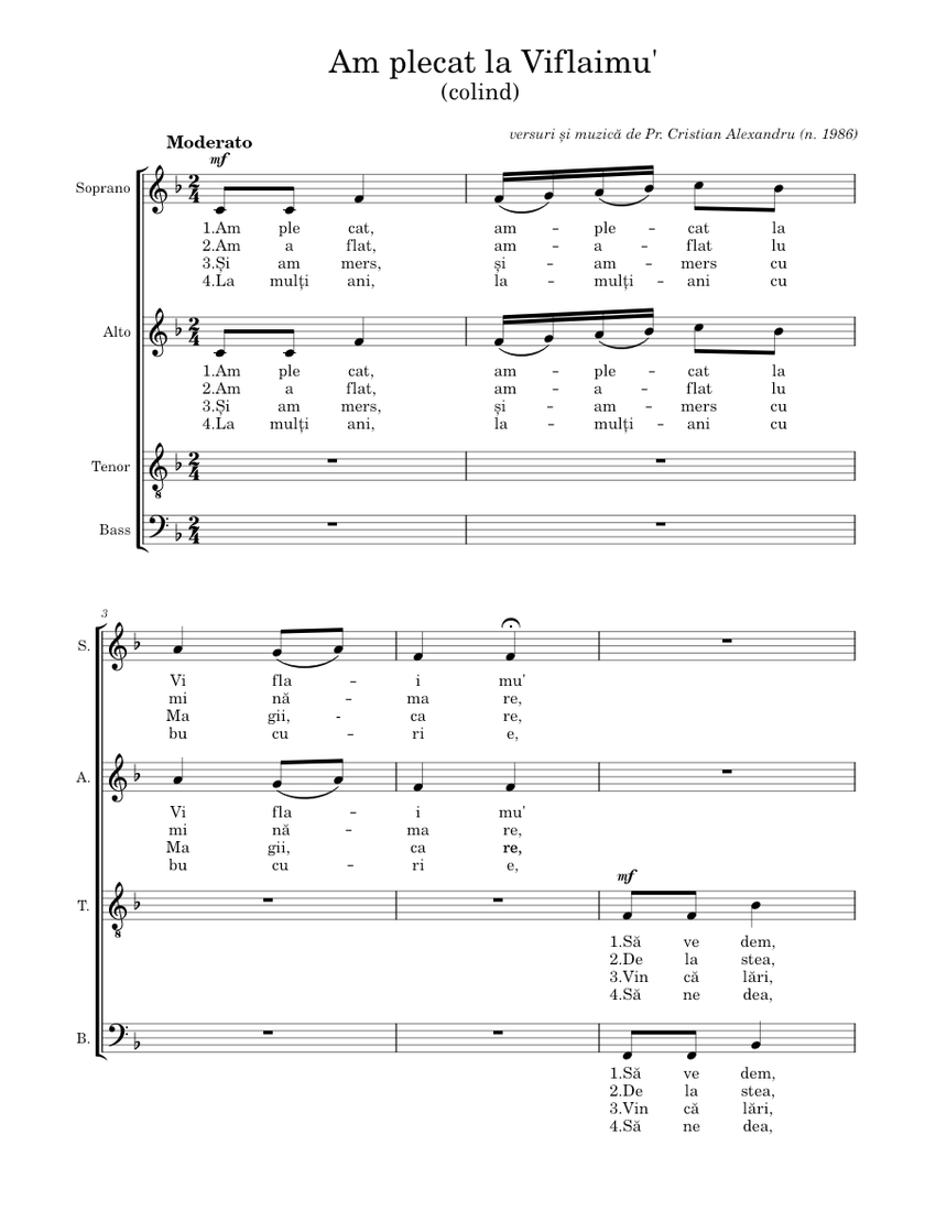 Am plecat la Viflaimu (colind) Sheet Music for Soprano, Alto, Tenor ...