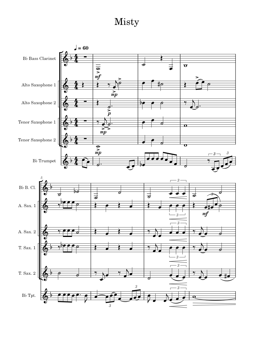 Misty – Erroll Garner Sheet Music for Clarinet bass, Saxophone alto ...