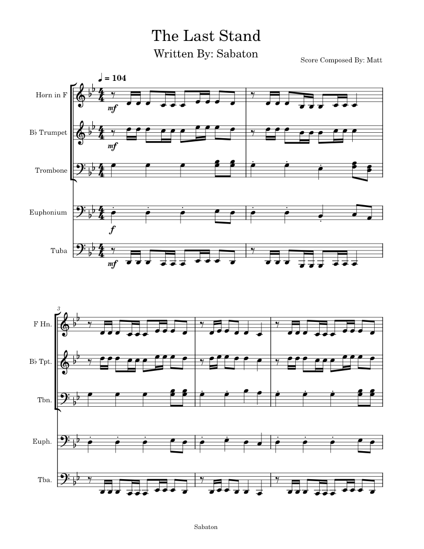 The last stand – Sabaton The Last Stand Sheet music for Trombone ...