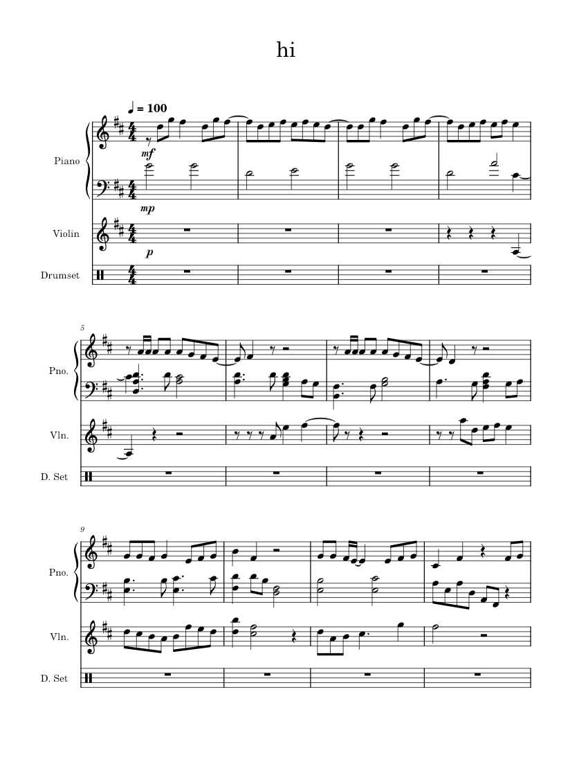 hi Sheet music for Piano, Violin, Drum group (Mixed Trio) | Musescore.com