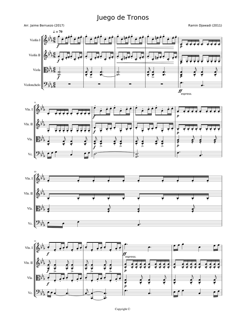 Juego de Tronos/ Game of Thrones Sheet Music for Violin, Viola, Cello ...