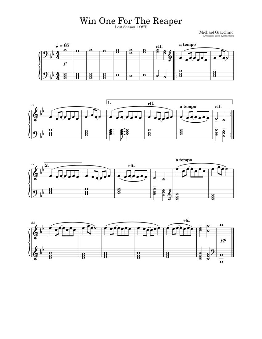 Win one for the reaper – Michael Giacchino Sheet Music for Piano (Solo ...