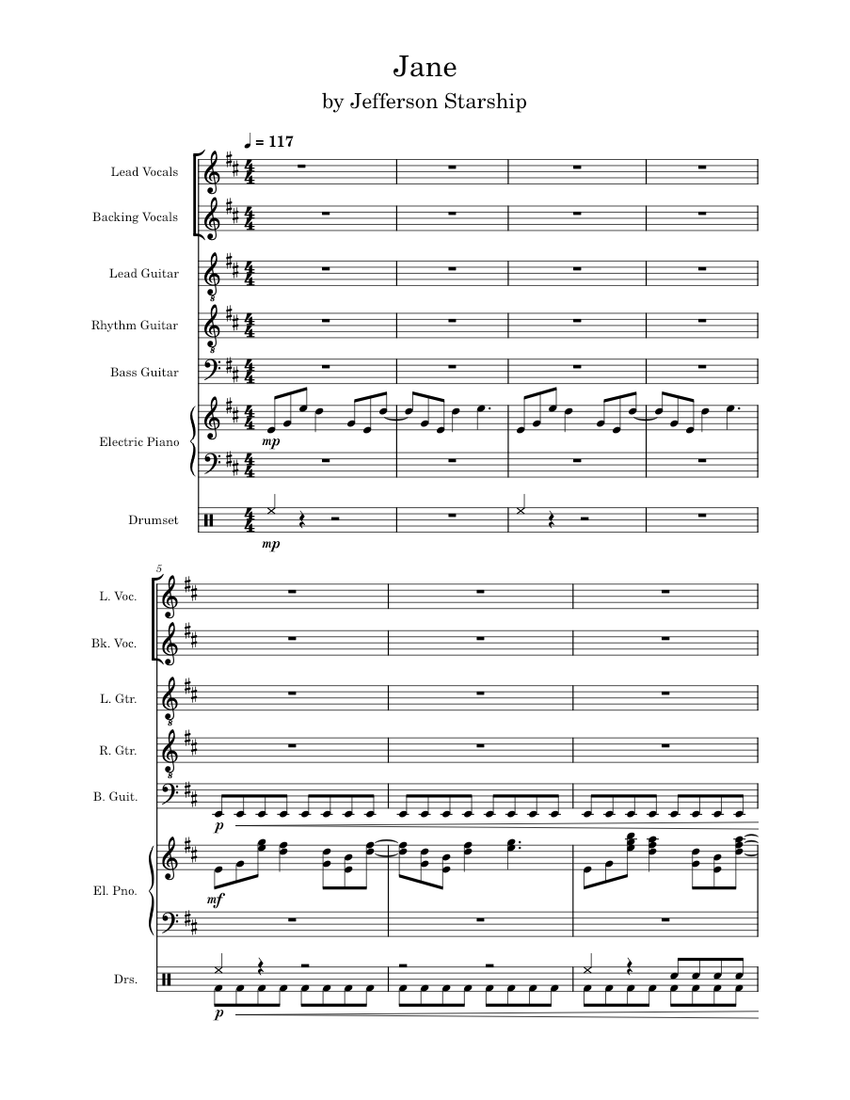 Jane – Jefferson Starship Sheet music for Piano, Vocals, Guitar, Bass ...