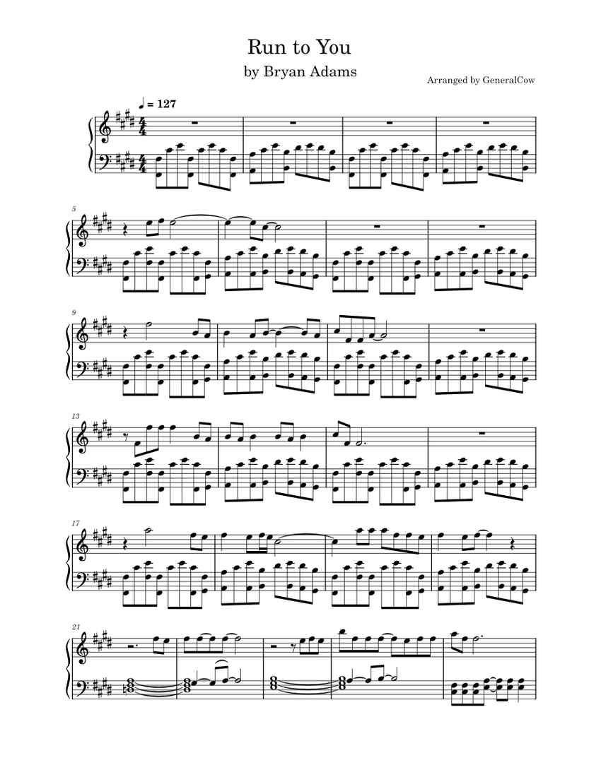 Run to you – Bryan Adams (Piano Solo) Sheet Music for Piano (Solo ...