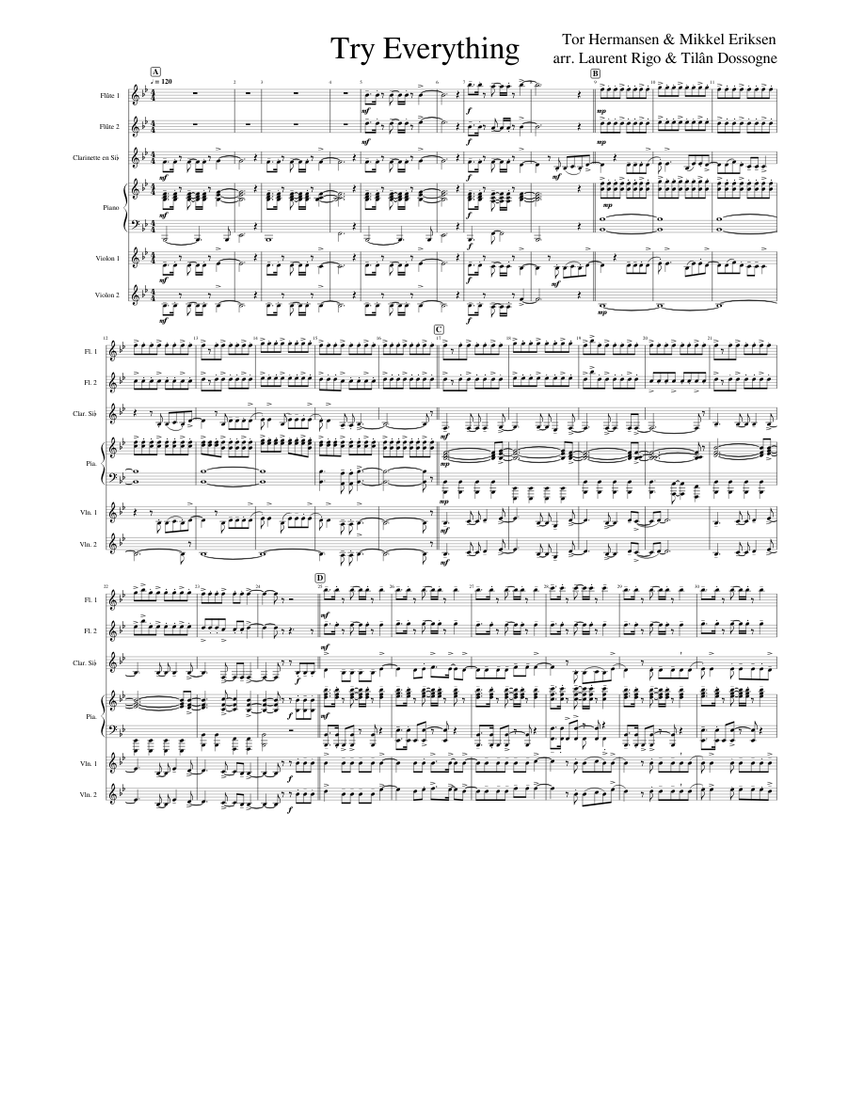 Try Everything Sheet Music for Piano, Flute, Clarinet in b-flat, Violin ...