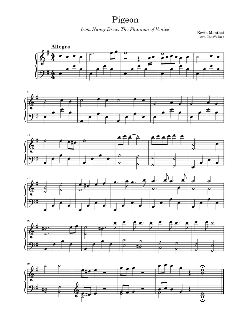 Pigeon Sheet Music for Piano (Solo) Easy | MuseScore.com