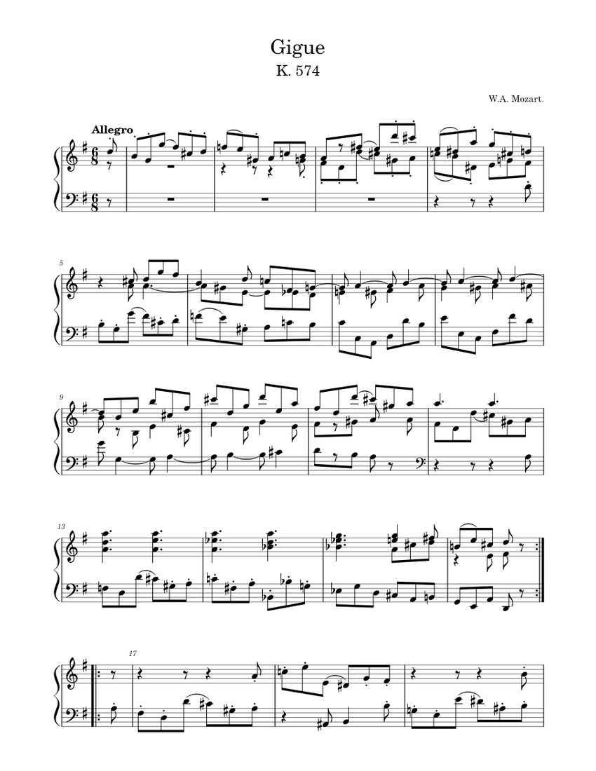 Gigue in G major, K.574 Sheet Music for Piano (Solo) | MuseScore.com