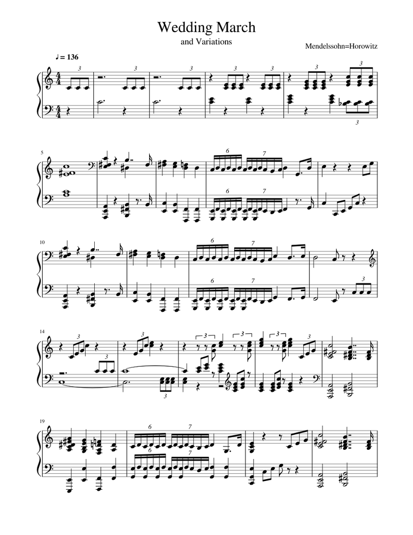 Wedding March theme and variations Sheet Music for Piano (Solo ...