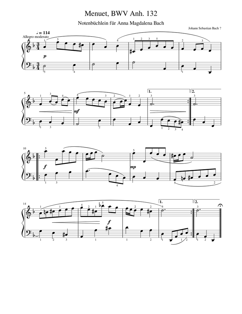 Bach: Menuet BWV Anh 132 Sheet music for Piano (Solo) Easy | Musescore.com