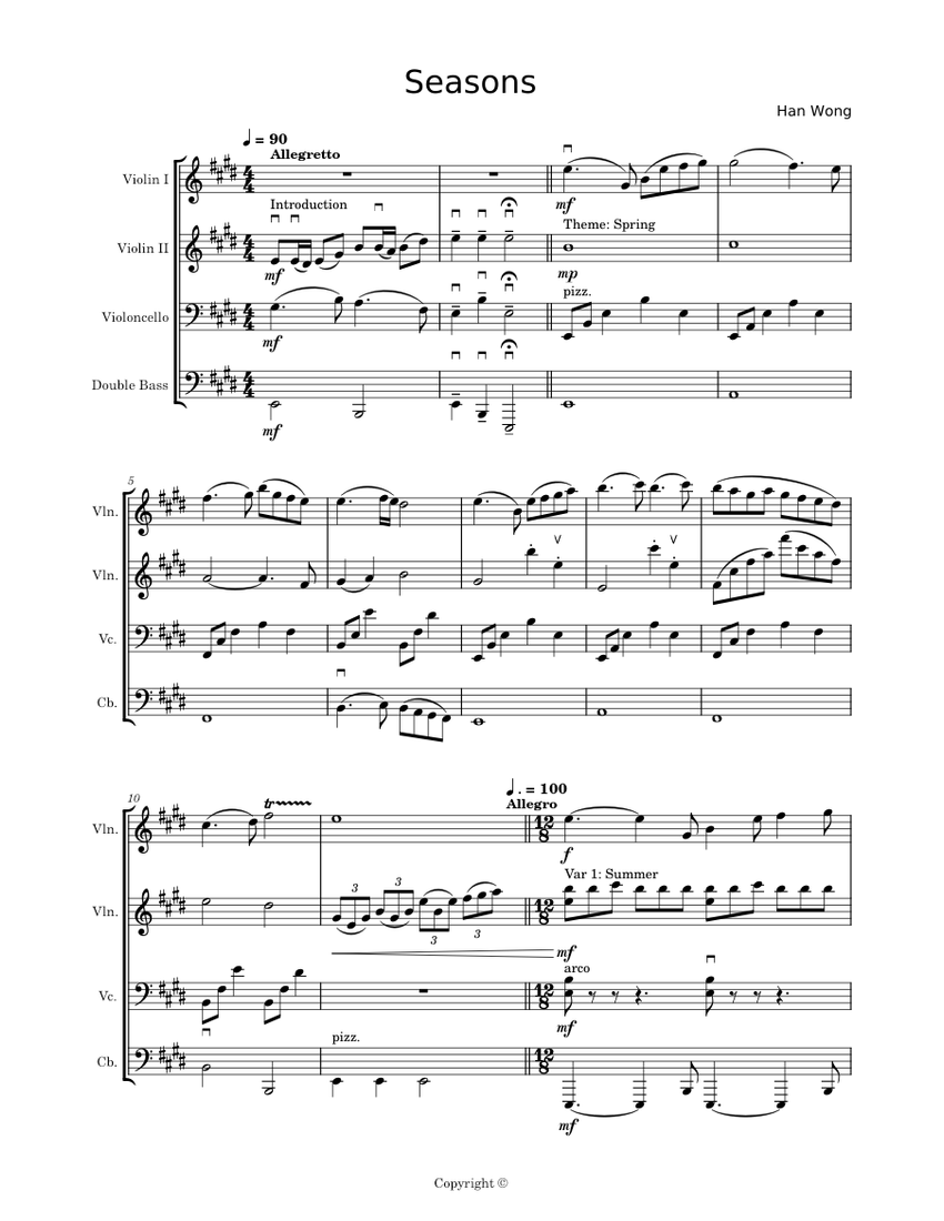 'Seasons' Original Composition by Han Wong Sheet Music for Contrabass ...