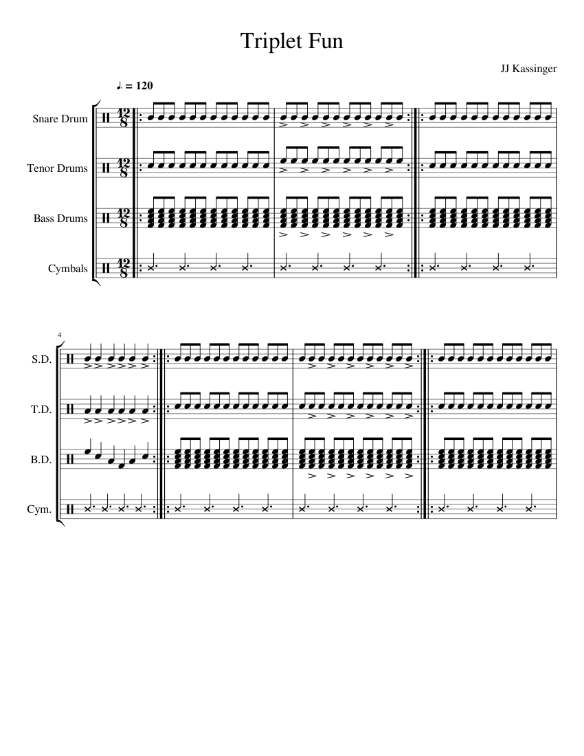 Triplet Fun Sheet Music for Snare drum, Crash, Tenor drum, Bass drum ...