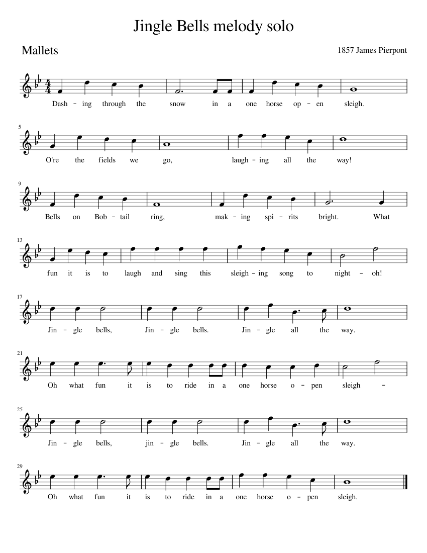 Jingle Bells Melody Solo Bells Mallets Sheet Music for Piano (Solo ...