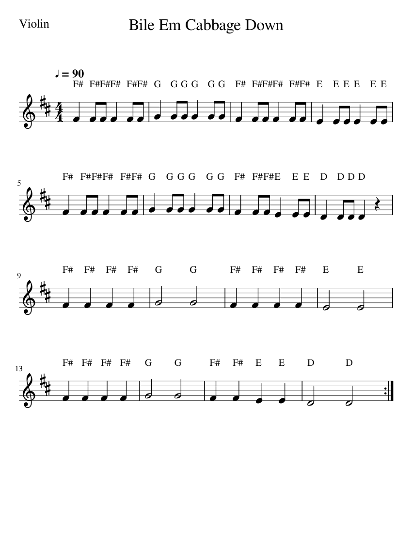 Bile Em Cabbage Down Sheet Music for Violin (Solo) | MuseScore.com
