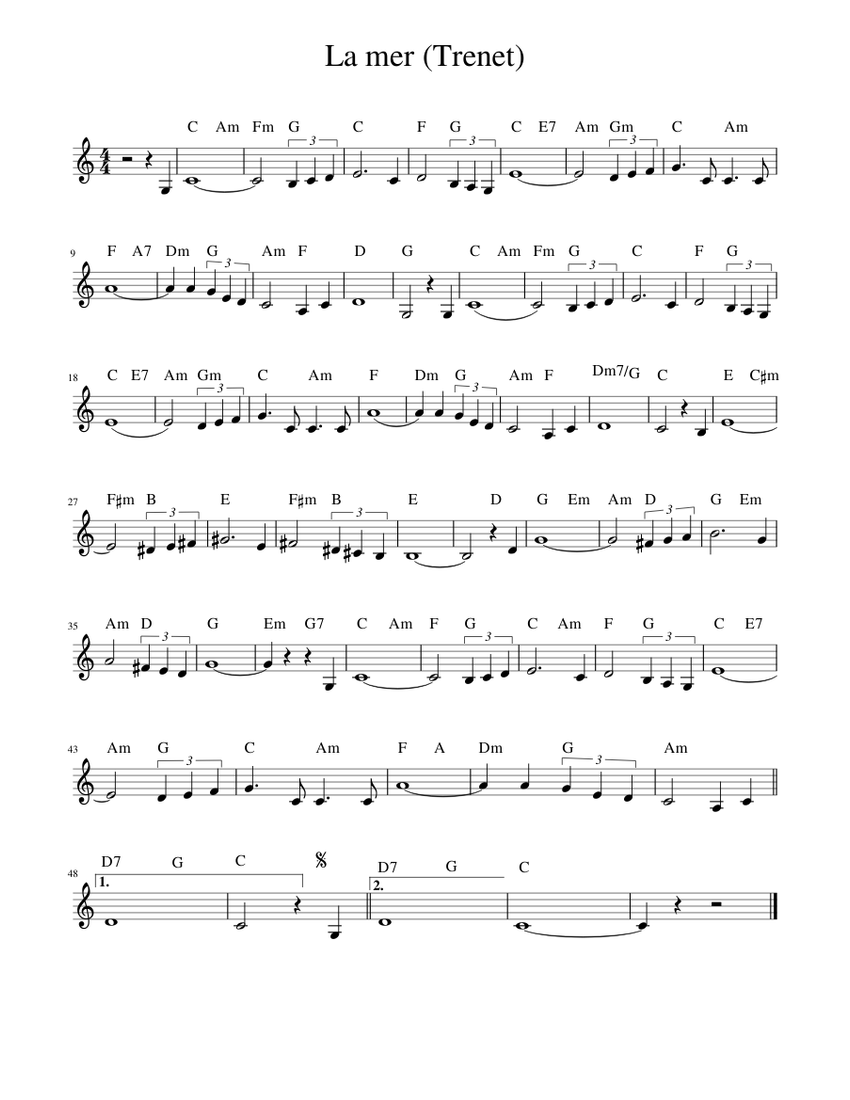 La mer (Trenet) Sheet Music with Chords for Piano (Solo) easy ...
