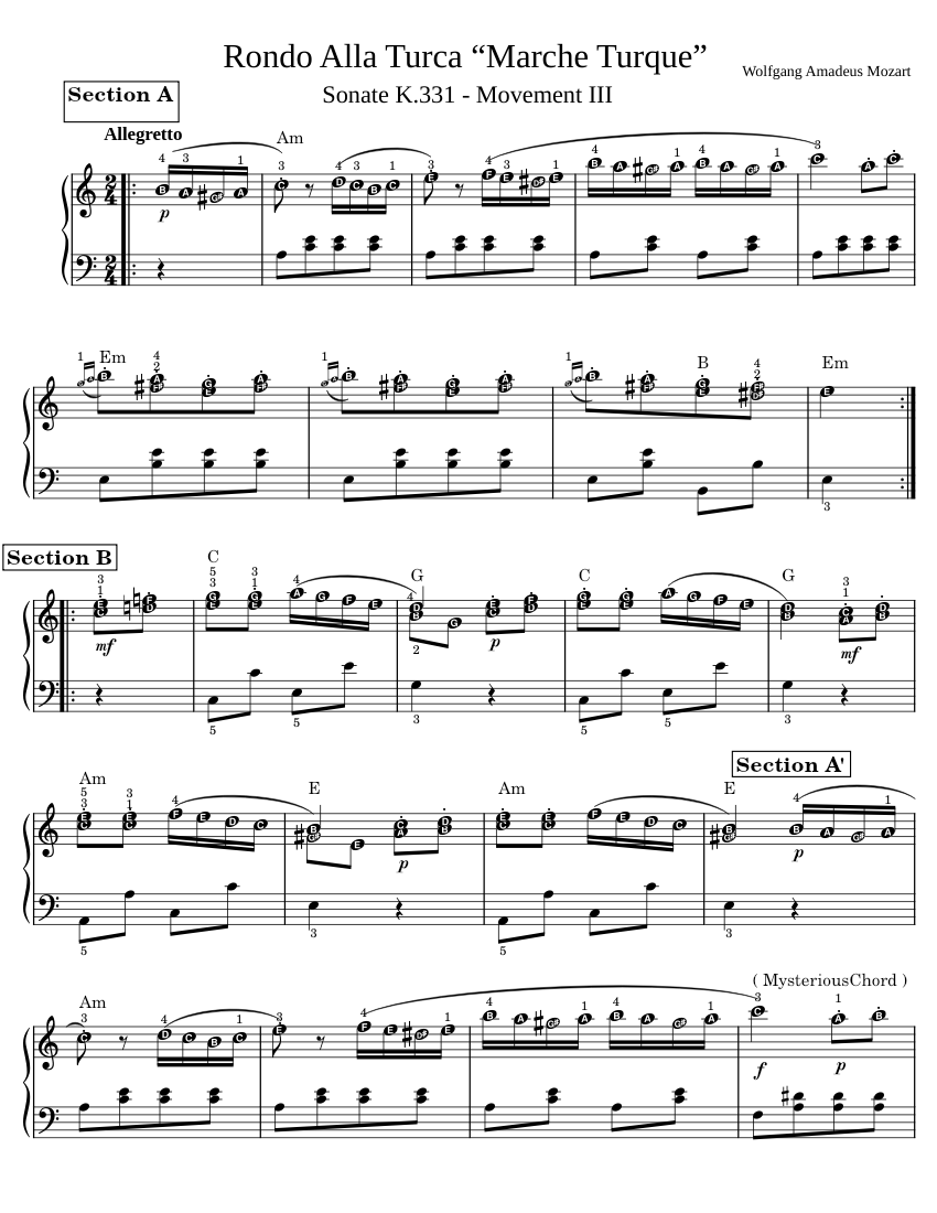 Turkish March Mozart_Section - ABA - fingered Note Names Sheet music ...