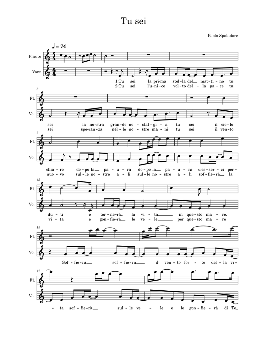 Tu sei – Paolo Spoladore Sheet Music for Vocals, Flute (Mixed Duet) | MuseScore.com