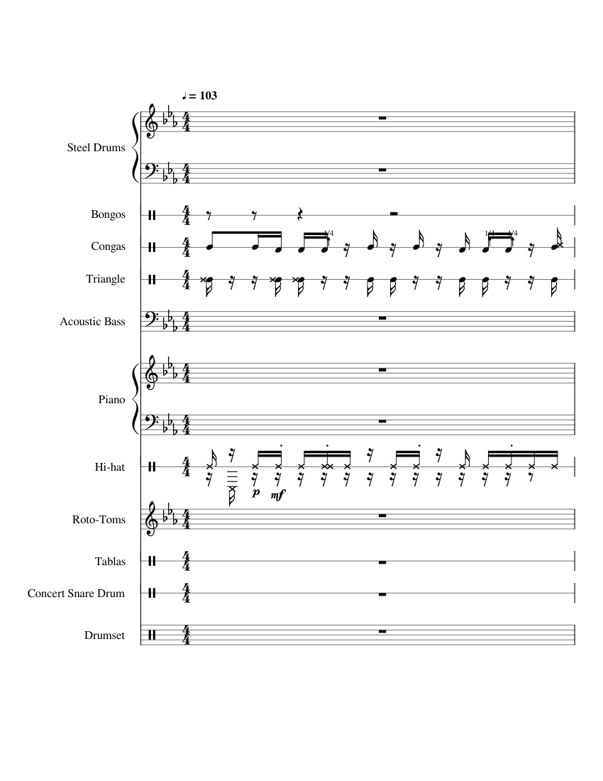 steel pan party Sheet Music for Piano, Snare drum, Bass guitar, Drum ...