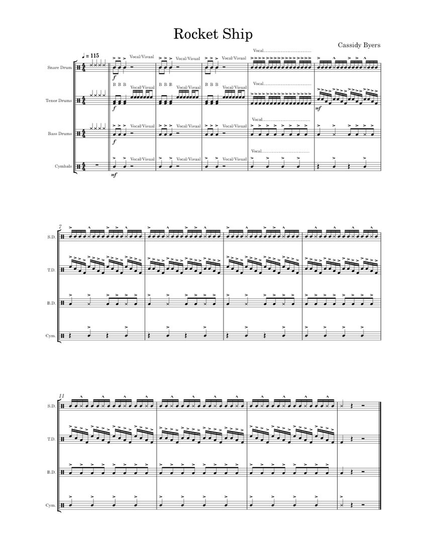 RocketShip Sheet Music for Snare drum, Crash, Tenor drum, Bass drum ...