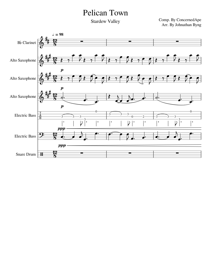 Pelican Town Sheet Music and Tab for Clarinet in b-flat, Saxophone alto ...