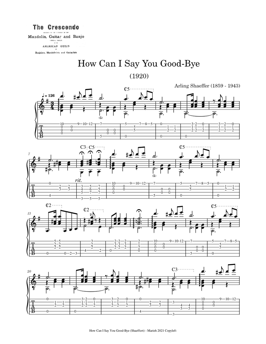 How Can I Say You Good-Bye – Arling Shaeffer - Tablature Sheet music ...