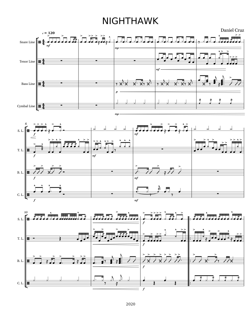 NIGHTHAWK Sheet music for Snare drum, Crash, Tenor drum, Bass drum ...