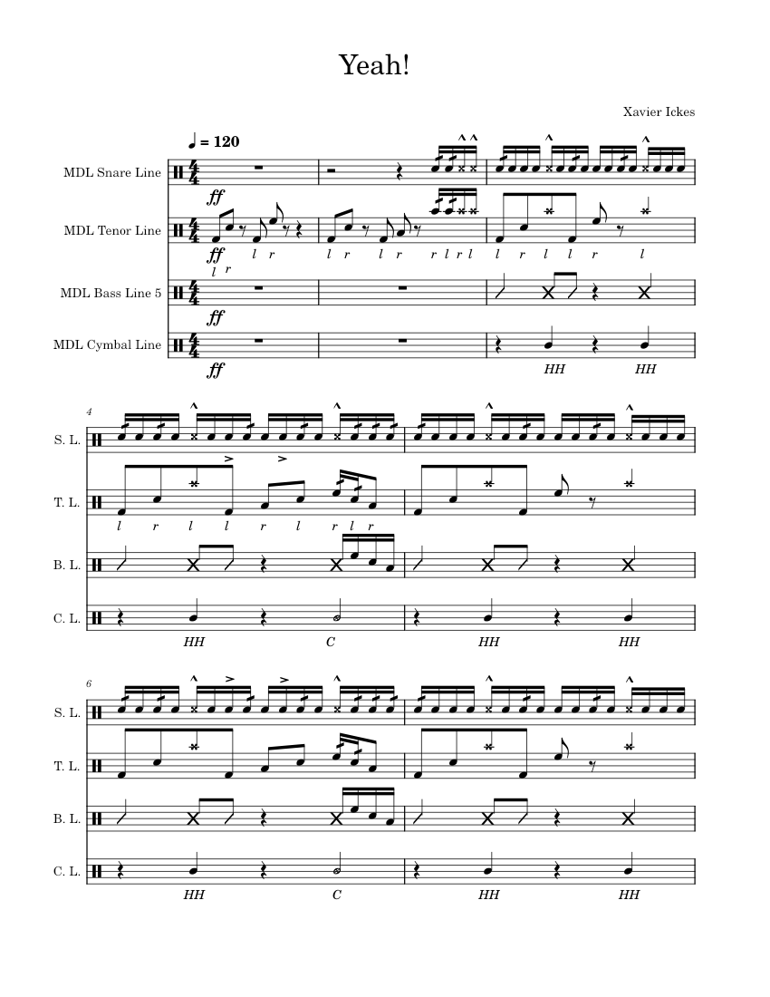 Yeah! Sheet music for Snare drum, Crash, Tenor drum, Bass drum (Drum ...