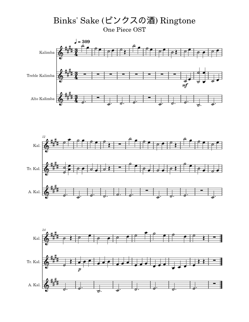 Binks' Sake (ビンクスの酒) – Kohei Tanaka Sheet Music for Kalimba (Percussion ...