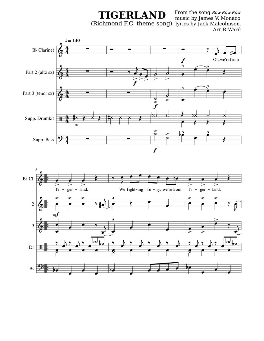 Tigerland Sheet music for Clarinet in b-flat, Saxophone alto, Saxophone ...