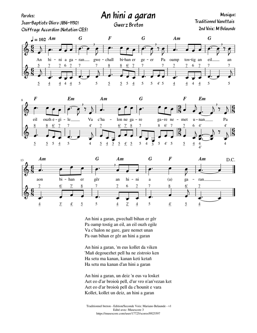 An Hini A Garan – Traditionnel breton Sheet music for Piano (Solo) Easy ...