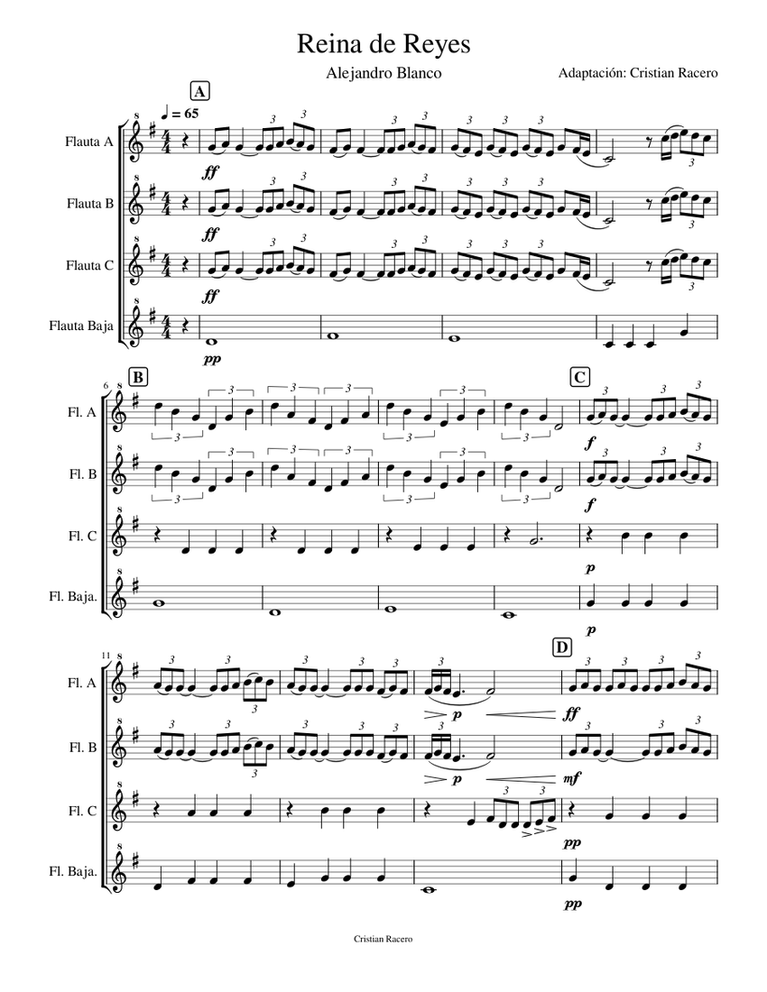 Reina de Reyes Sheet Music for Recorder (Mixed Quartet) | MuseScore.com