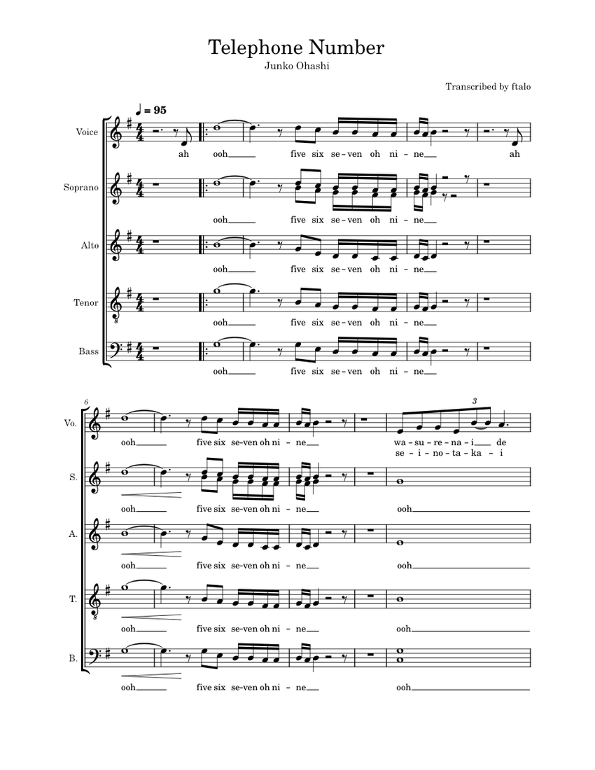 Telephone Number by Junko Ohashi (4-part Harmony) Sheet Music for ...