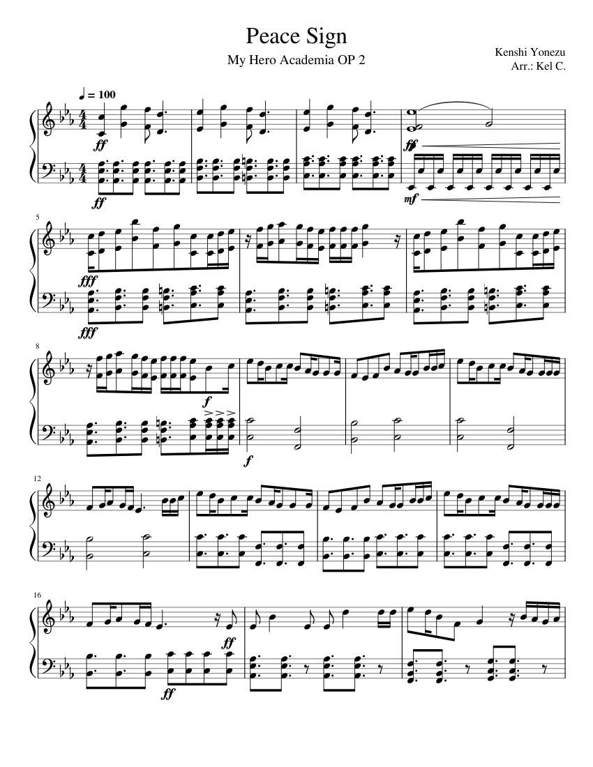 Peace Sign - My Hero Academia OP 2 Sheet Music for Piano (Solo ...