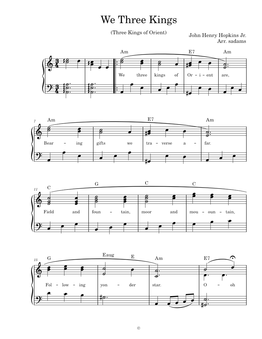 We Three Kings (Easy Piano) Sheet Music with Chords for Piano (Solo ...